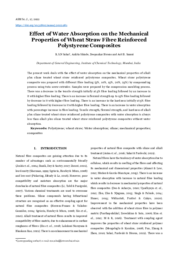 (PDF) Effect of Water Absorption on the Mechanical Properties of Wheat ...