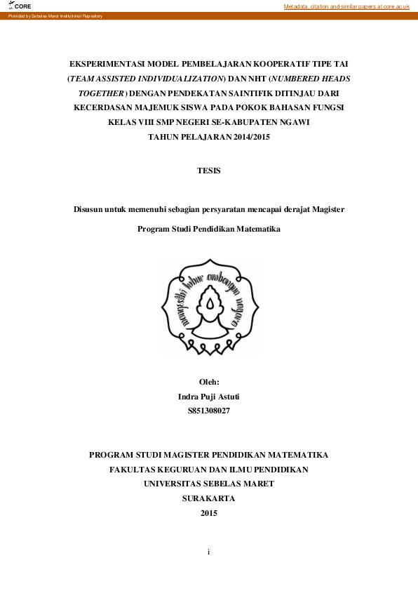 (PDF) Eksperimentasi Model Pembelajaran Kooperatif Tipe Tai (Team Assisted Individualization ...