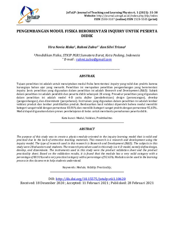 (PDF) Pengembangan Modul Fisika Berorientasi Model Pembelajaran Inquiry Untuk Peserta Didik