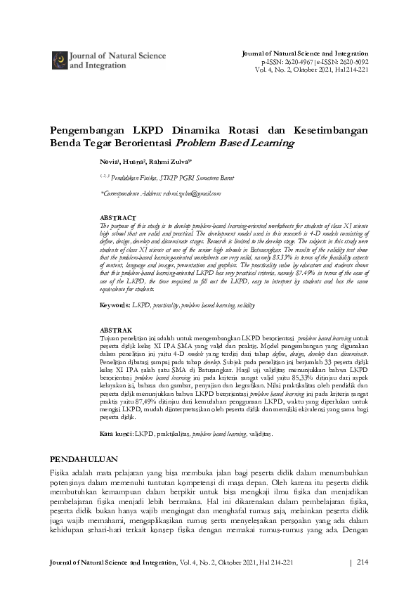 (PDF) Pengembangan LKPD Dinamika Rotasi dan Kesetimbangan Benda Tegar Berorientasi Problem Based ...