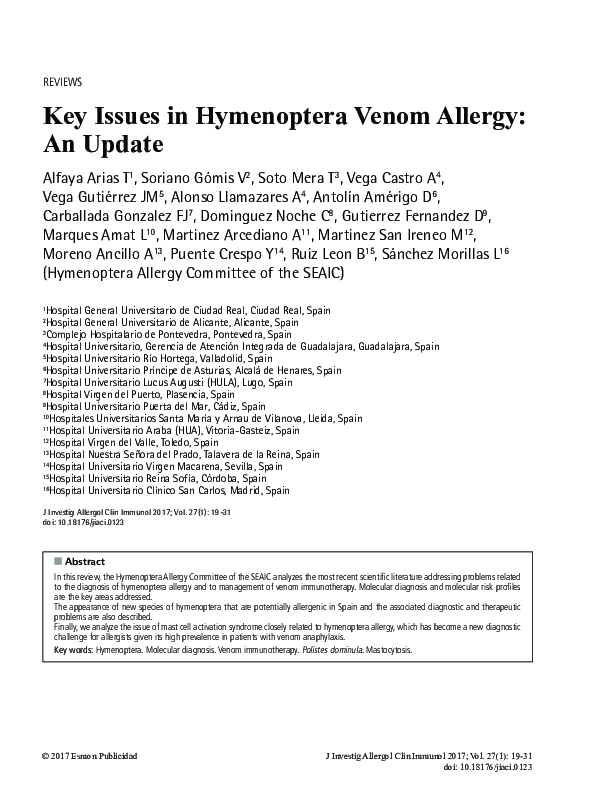 (PDF) Key Issues in Hymenoptera Venom Allergy: An Update