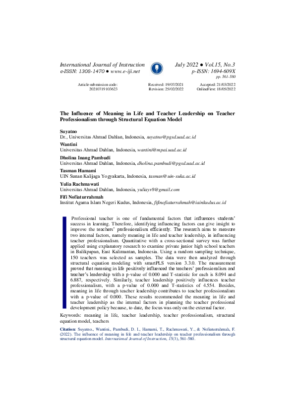 (PDF) The Influence of Meaning in Life and Teacher Leadership on ...