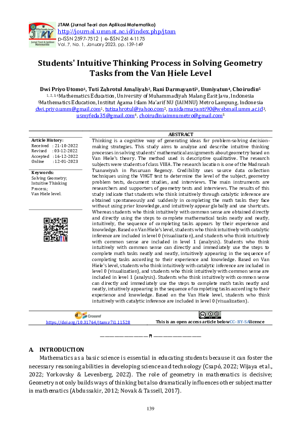 (PDF) Students' Intuitive Thinking Process in Solving Geometry Tasks from the Van Hiele Level