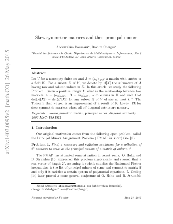 (PDF) Skew-symmetric matrices and their principal minors