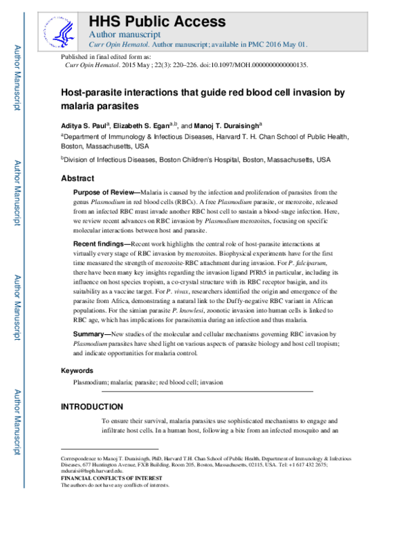 (PDF) Host-parasite interactions that guide red blood cell invasion by ...