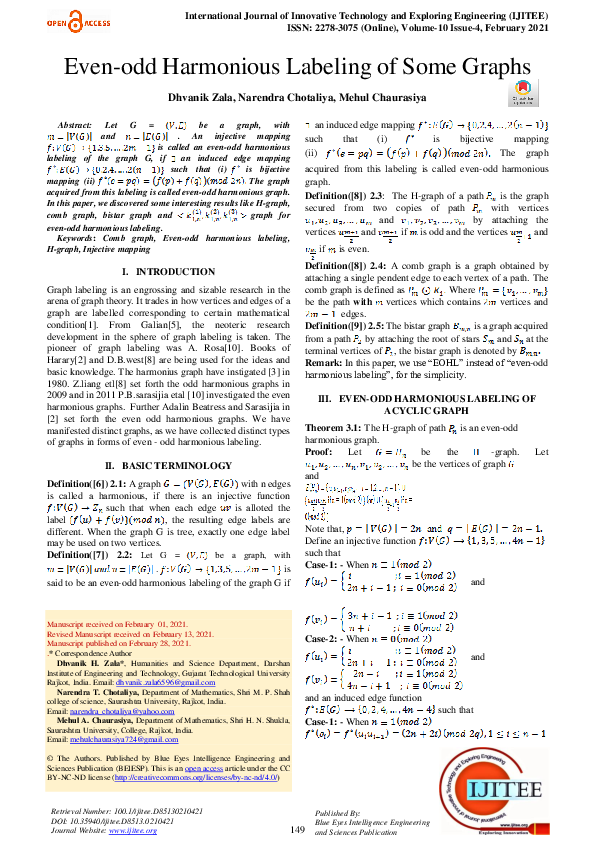 (PDF) Even odd Harmonious Labeling of Some Graphs