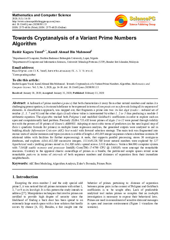 Pdf Towards Cryptanalysis Of A Variant Prime Numbers Algorithm 6205