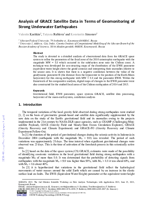 (PDF) Analysis of GRACE Satellite Data in Terms of Geomonitoring of Strong Underwater Earthquakes