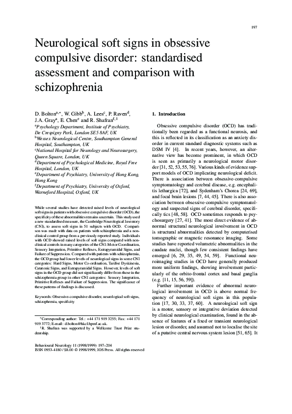 (PDF) Neurological Soft Signs in Obsessive Compulsive Disorder ...