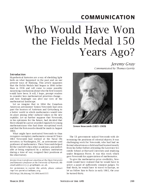 (PDF) Who Would Have Won the Fields Medal 150 Years Ago?