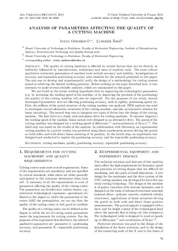 Pdf Analysis Of Parameters Affecting The Quality Of A Cutting Machine