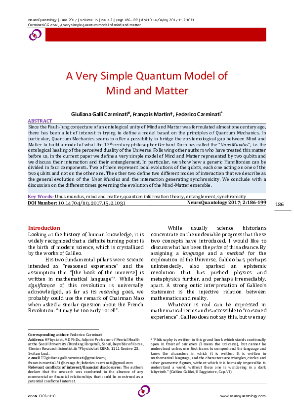 (PDF) A Very Simple Quantum Model of Mind and Matter