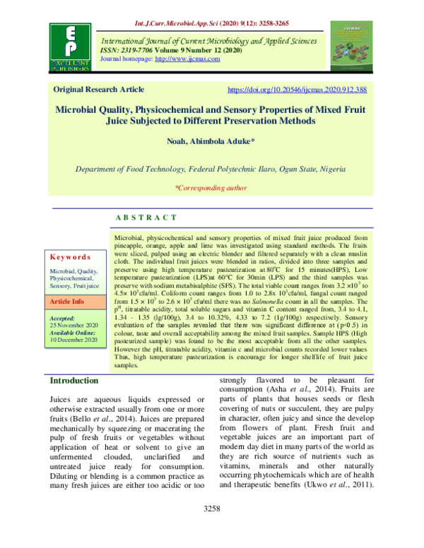 (PDF) Microbial Quality, Physicochemical and Sensory Properties of Mixed Fruit Juice Subjected ...