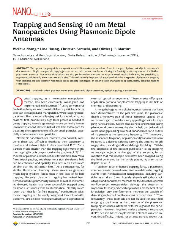 (PDF) Trapping and Sensing 10 nm Metal Nanoparticles Using Plasmonic Dipole Antennas