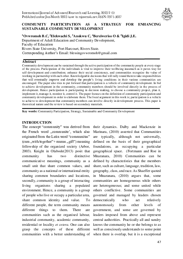 (PDF) COMMUNITY PARTICIPATION AS A STRATEGY FOR ENHANCING SUSTAINABLE ...