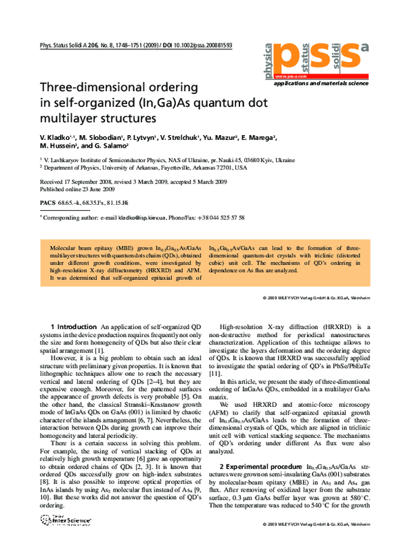 Pdf Three‐dimensional Ordering In Self‐organized In Ga As Quantum Dot Multilayer Structures