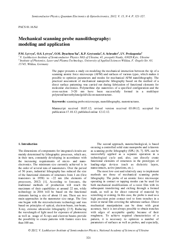(PDF) Mechanical scanning probe nanolithography: modeling and application