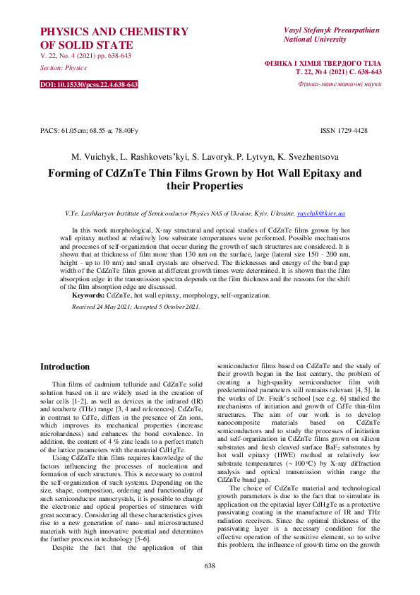 (PDF) Forming of CdZnTe thin films grown by hot wall epitaxy and their ...