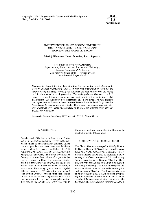 (PDF) Implementation of bloom filters in reconfigurable hardware for tracing network attacks