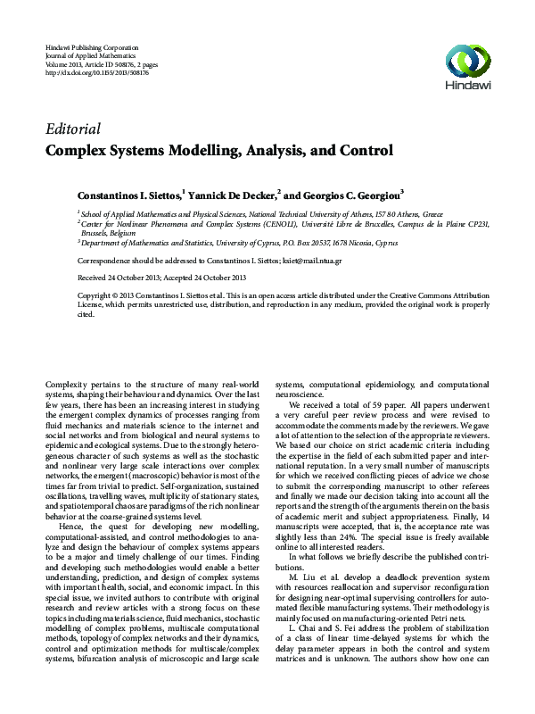 (PDF) Complex Systems Modelling, Analysis, and Control | Georgios Georgiou - Academia.edu