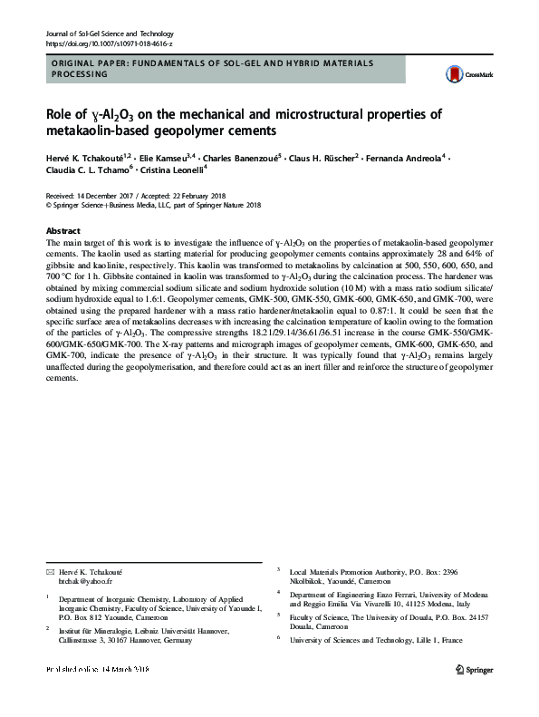(PDF) Role of ɣ-Al2O3 on the mechanical and microstructural properties ... (PDF) Role of ɣ-Al2O3 on the mechanical and microstructural properties ...