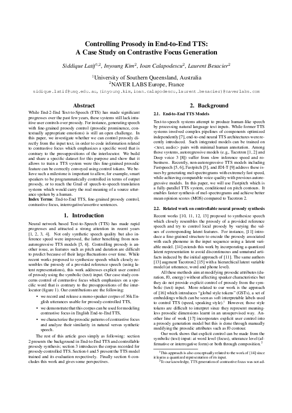 (PDF) Controlling Prosody in End-to-End TTS: A Case Study on Contrastive Focus Generation