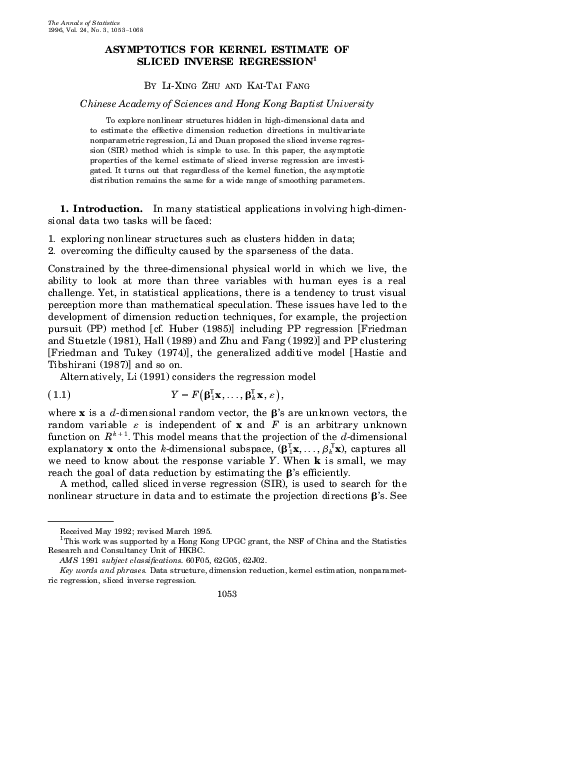 (PDF) Asymptotics for kernel estimate of sliced inverse regression