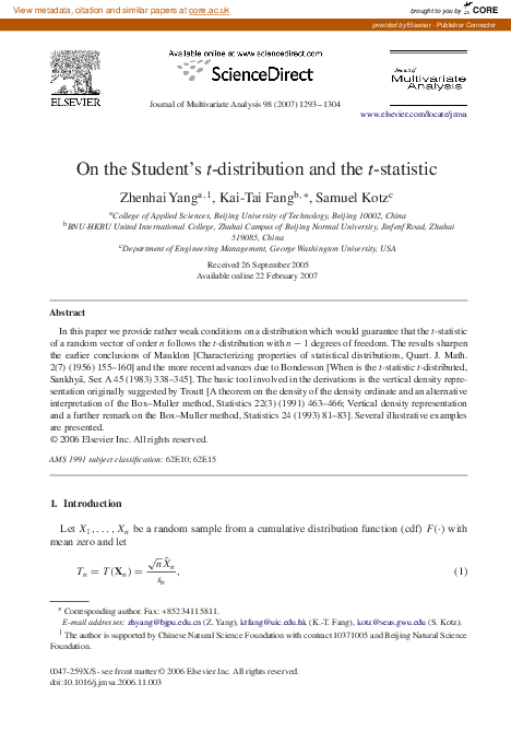 (PDF) On the Student's t-distribution and the t-statistic