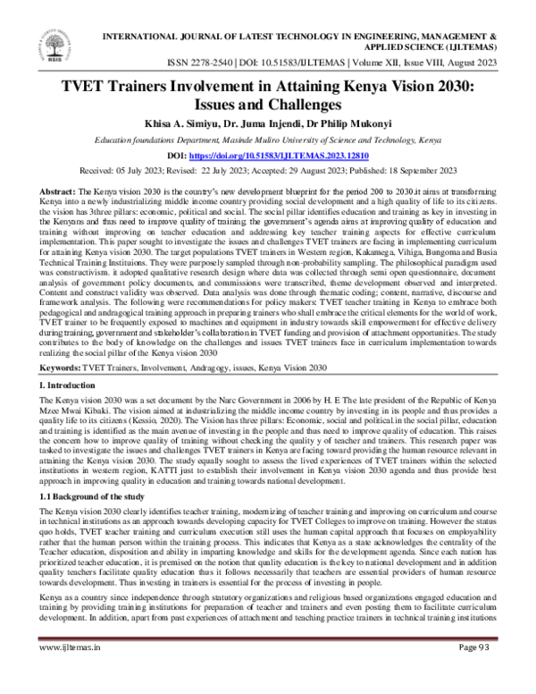 (PDF) TVET Trainers Involvement in Attaining Kenya Vision 2030: Issues ...