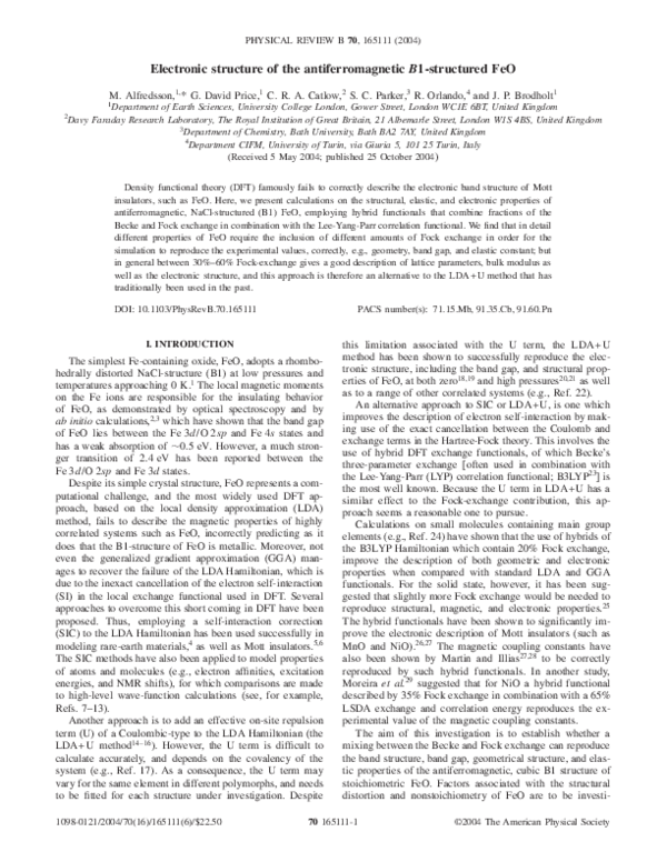 (PDF) Electronic structure of the antiferromagneticB1-structured FeO