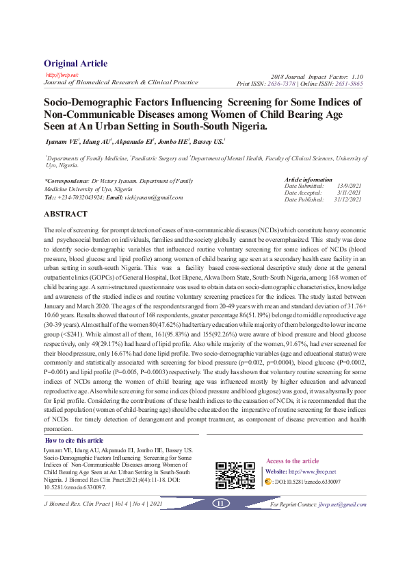 (PDF) Socio-Demographic Factors Influencing Screening for Some Indices of Non-Communicable ...