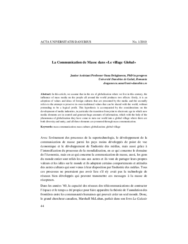 (PDF) La Communication de Masse dans «Le village Global»