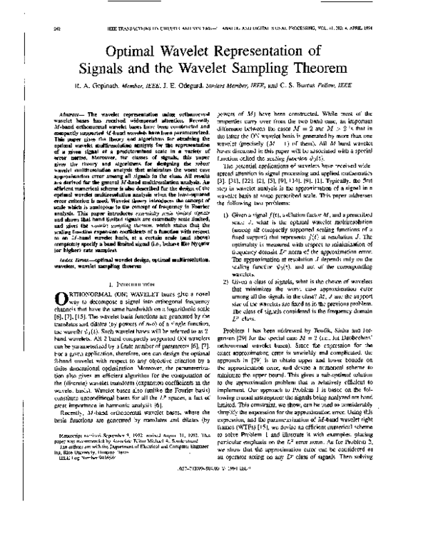 (PDF) Optimal wavelet representation of signals and the wavelet sampling theorem
