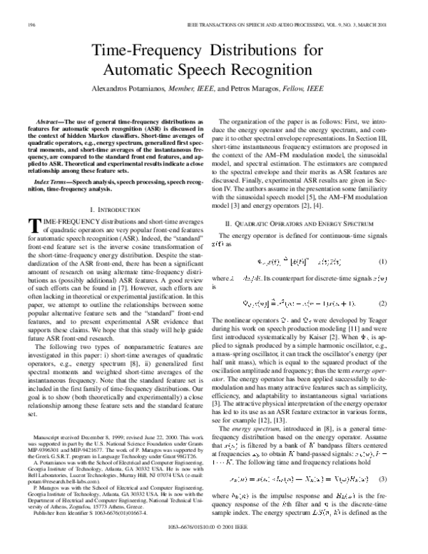 (PDF) Time-frequency distributions for automatic speech recognition