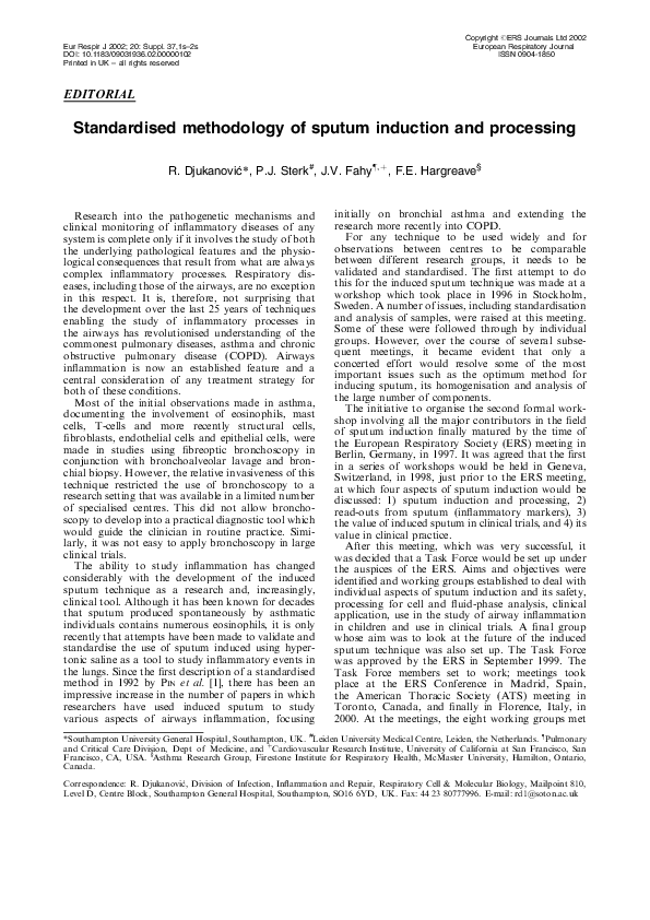 (PDF) Standardised methodology of sputum induction and processing