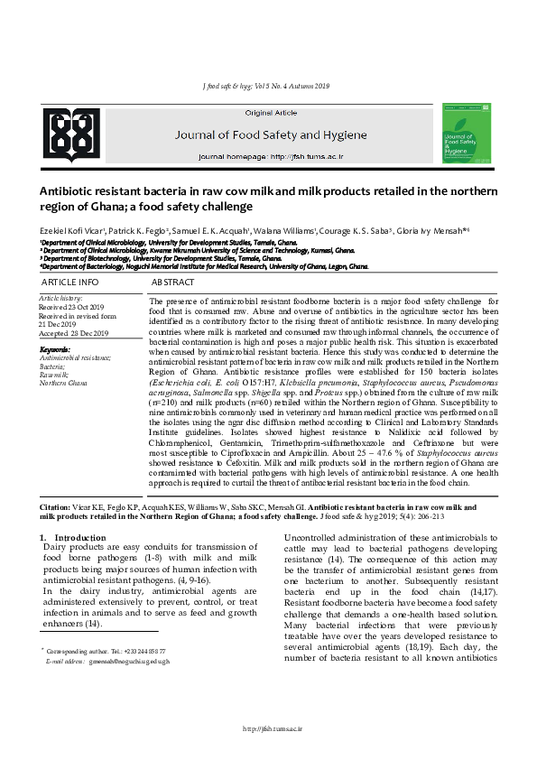 (PDF) Antibiotic resistant bacteria in raw cow milk and milk products retailed in the northern ...