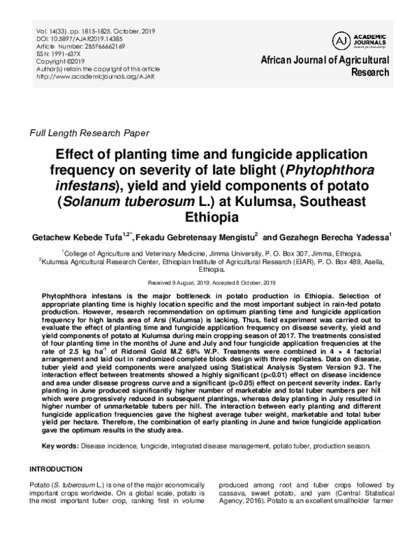 (PDF) Effect of planting time and fungicide application frequency on severity of late blight ...