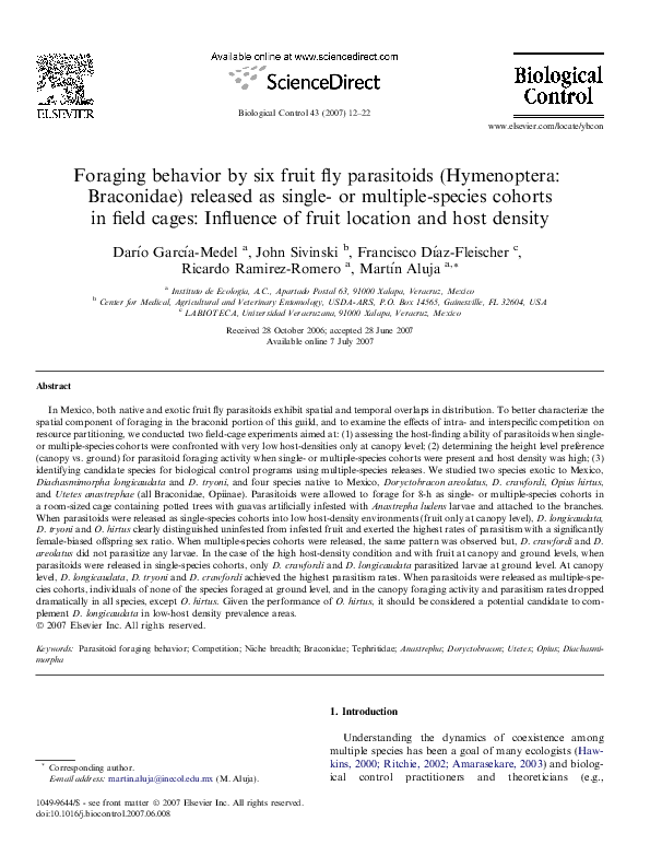 Foraging behavior by six fruit fly parasitoids (Hymenoptera: Braconidae ...