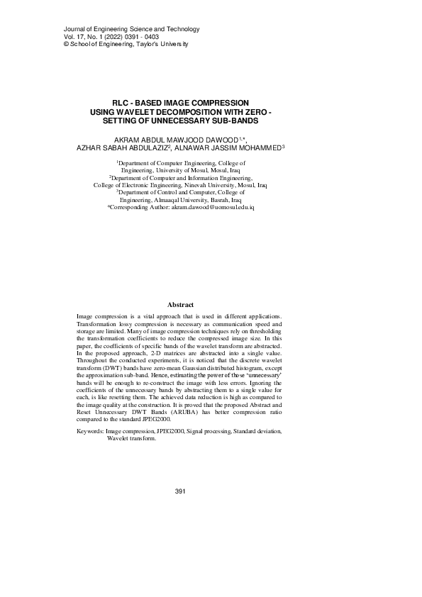 (PDF) RLC -BASED IMAGE COMPRESSION USING WAVELET DECOMPOSITION WITH ZERO -SETTING OF UNNECESSARY ...