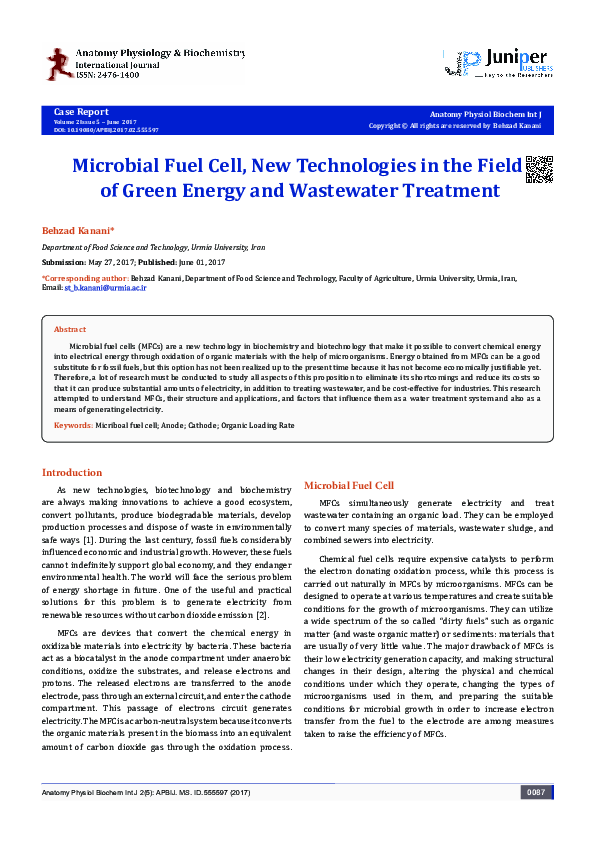 (PDF) Microbial Fuel Cell, New Technologies in the Field of Green ...