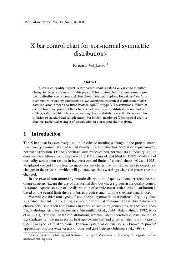 (PDF) X bar control chart for non-normal symmetric distributions | Kristina Veljkovic - Academia.edu