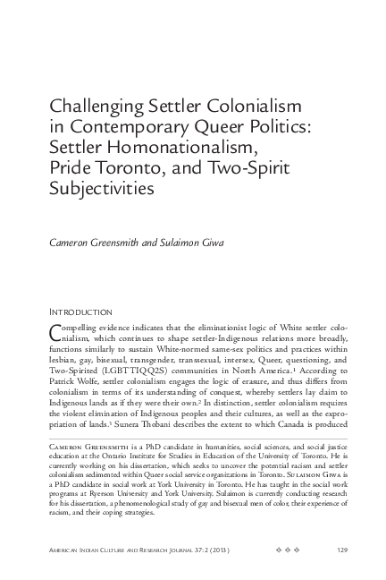 (PDF) Challenging Settler Colonialism in Contemporary Queer Politics ...