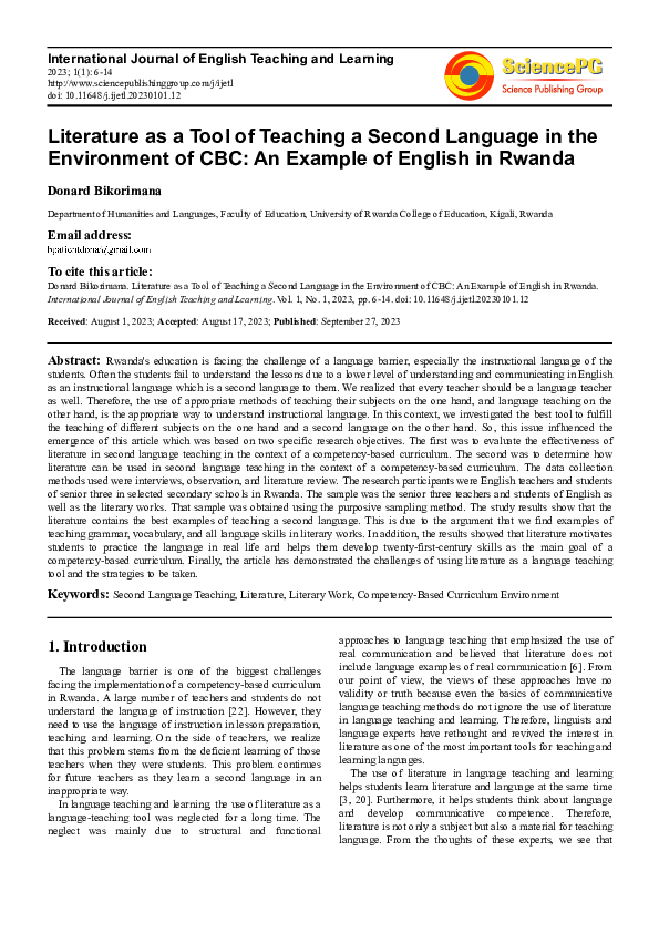 (PDF) Literature as a Tool of Teaching a Second Language in the ...