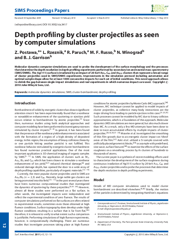 (PDF) Depth profiling by cluster projectiles as seen by computer simulations