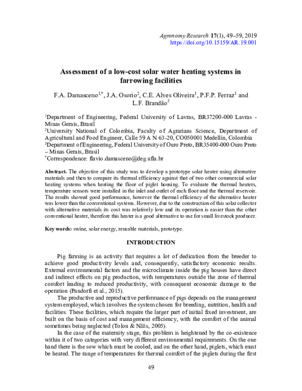 (PDF) Assessment of a low-cost solar water heating systems in farrowing facilities | CARLOS ...
