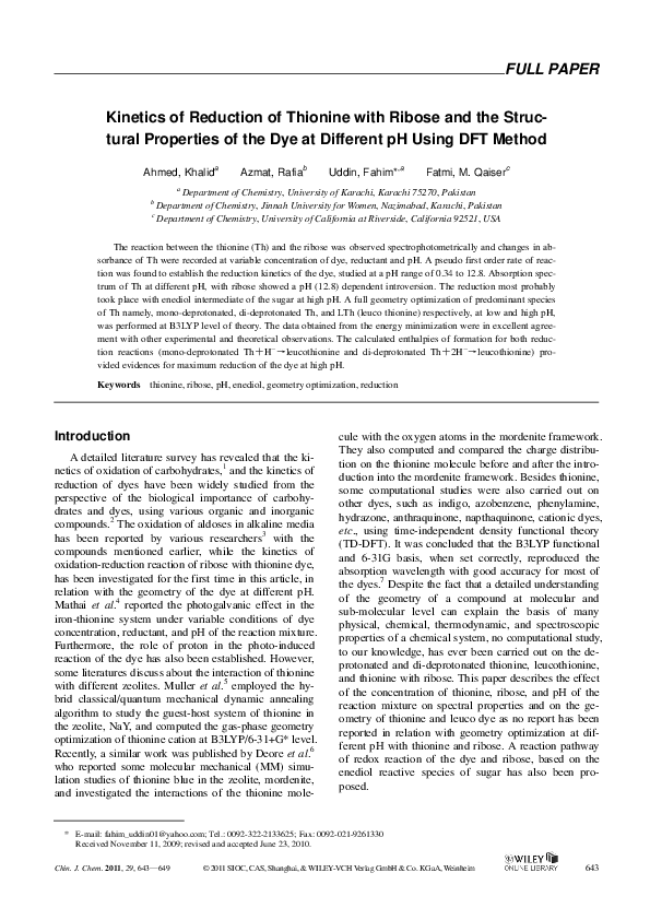 (PDF) Kinetics of Reduction of Thionine with Ribose and the Structural ...