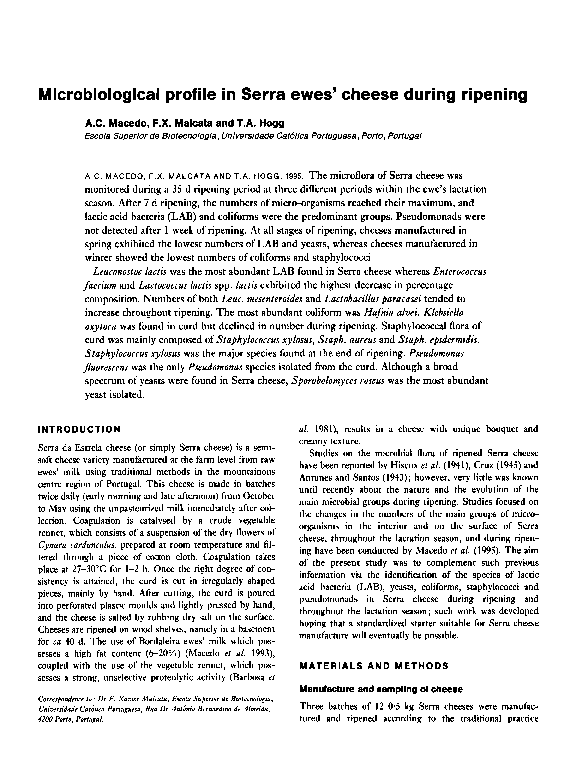 (PDF) Microbiological profile in Serra ewes' cheese during ripening