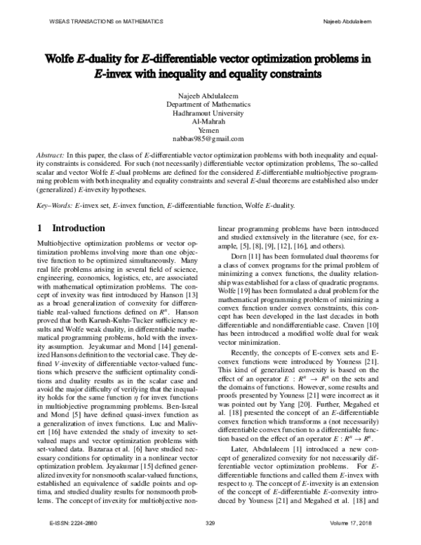 (PDF) Wolfe E-duality for E-differentiable vector optimization problems in E-invex with ...