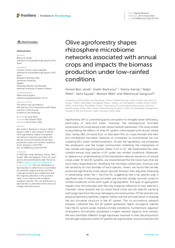 (PDF) Olive agroforestry shapes rhizosphere microbiome networks associated with annual crops and ...