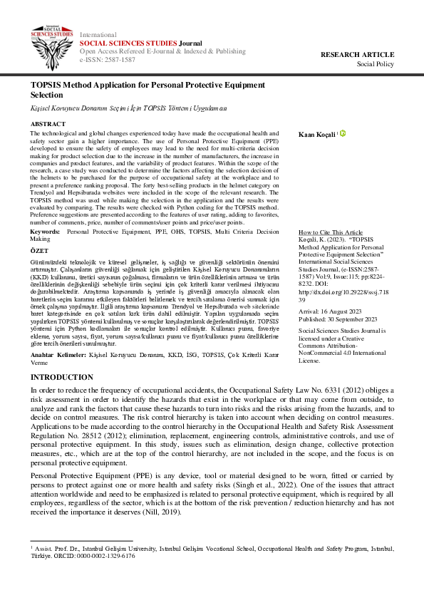 Pdf Topsis Method Application For Personal Protective Equipment Selection